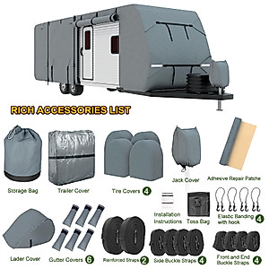 Mofeez Travel Trailer RV Cover, Extra-Thick Upgraded 5 Layers for Camper Cover 24'-27' Windproof Waterproof Rip-Stop RV Covers with Adhesive Repair Patches, 2Pcs Extra Straps & 4 Tire Covers