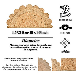 RIANGI Jute Rug 1.5 X 3 Feet - Natural Fiber Braided Rugs, Half Circle Boho Kitchen Rug, Bathroom, and Entryway - Indoor Rugs for Entryway, Small Boho Area Entry Rugs, Scalloped Rug 1.5x3 Ft