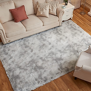 Arbosofe Area Rugs for Living Room Bedroom, 5X8 ft Tie dyed Light Grey Fluffy Fuzzy Shag Small Carpet Soft Plush Furry Clearance Rug, Cute Rugs for Nursery, Playroom, Kids and Girls Room