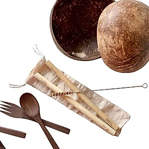 BRAINY ESSENTIALS Coconut Bowls Premium Gift Set: Includes - 2 Handmade Wooden Spoons + 2 Forks + 2 Bamboo straws for Smoothies, Buddha Bowls - Fruits - Salads, Cereal, Acai, Ice-cream