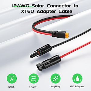 Bateria Power Solar to XT60 Charge Extension Cable, 12AWG 15Ft Solar Connector to XT60 Adapter Cable for Solar Panel to Portable Power Station Solar Generator LiFePO4 Battery RV