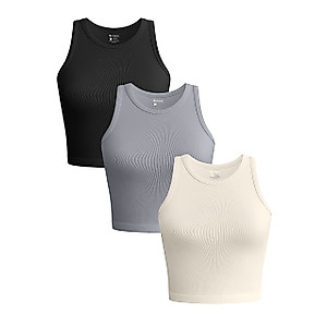 OQQ Women's 3 Piece Tank Tops Ribbed Seamless Yoga Shirts Workout Exercise Racerback Crop Tops Black Grey Beige