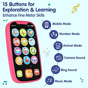 BABYFUNY Toys for 1 Year Old Girl Gifts, 15 Functions Toy Phone Toddler Girl Toys, Learning Baby Toys 12-18 Months, Kids Cell Phone Easter Basket Stuffers - Pink