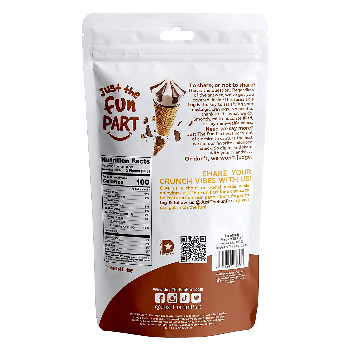 Just The Fun Part, Bite-Size Crispy Mini Waffle Cones with Premium Belgian Chocolate, Great for Snacks, Dessert, Grab & Go - Kosher, Milk Chocolate (Pack of 1)