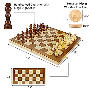 Juegoal 15" Wooden Chess & Checkers Set, 2 in 1 Board Games for Kids and Adults, with Felted Game Board Interior for Storage, Travel Portable Folding Chess Game Sets, Extra 24 Wooden Checkers Pieces