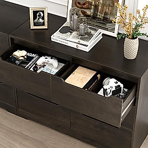 HOSTACK Modern 6 Drawer Dresser for Bedroom, Double Chest of Drawers with Storage, Large Wooden Storage Dresser Organizer with Cut-Out Handle, Accent Storage Cabinet for Living Room, Dark Brown