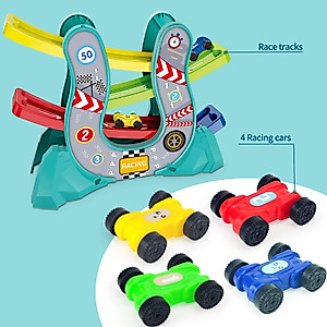 Toys Car Ramp Racer Toy Vehicle Track Set for Toddler 1 2 3 Year Old Boys Girls Gifts,Garage Playset with 4 Mini Racers & Building Parking Lot, Green