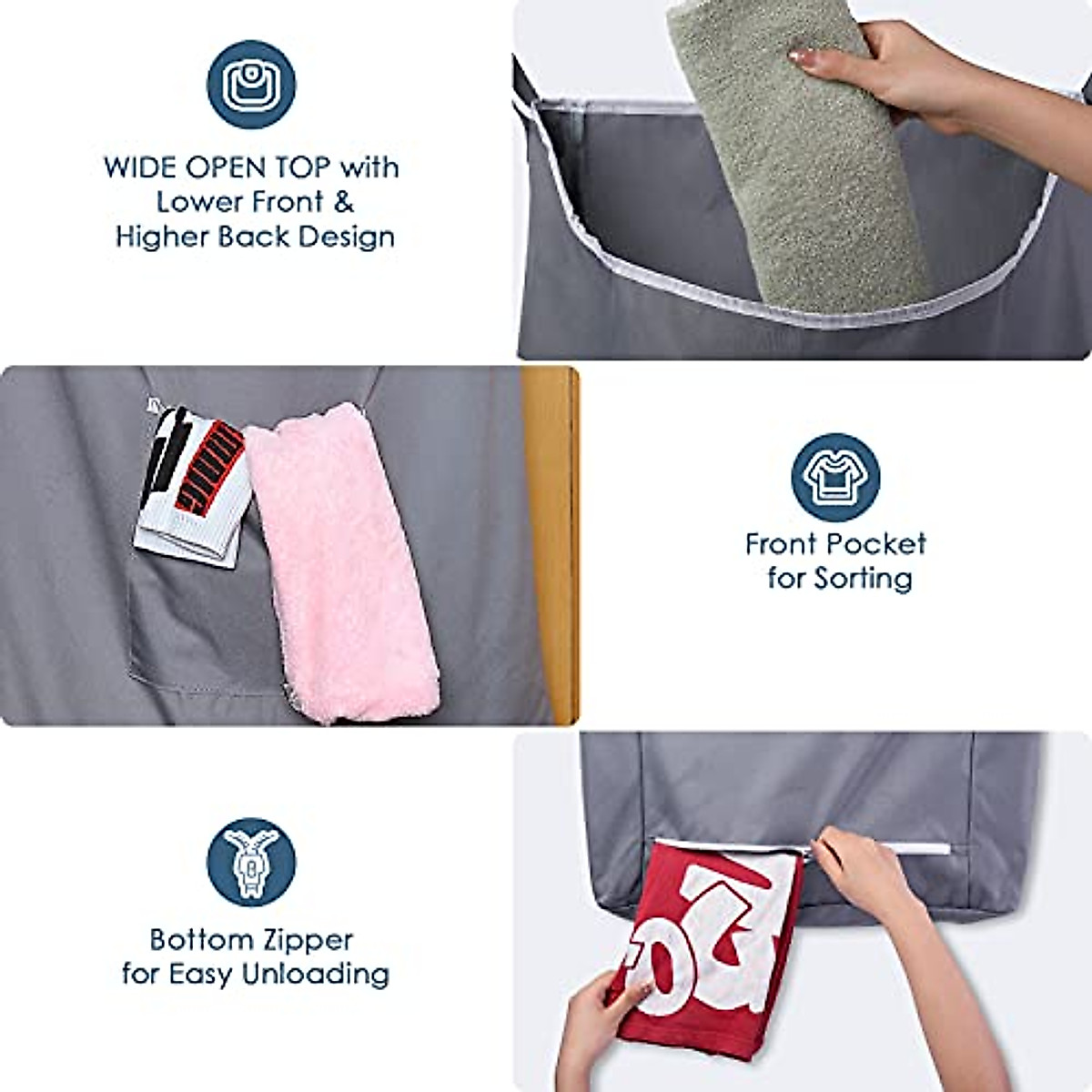 The Fine Living Co. X-Large Hanging Laundry Hamper with Over Door Hooks & Adhesive, Durable Space Saving Laundry Bag with Zipper and Wide Open Top, Hanging Dorm Laundry Hamper 20"x3.38"x30" (Grey-XL)