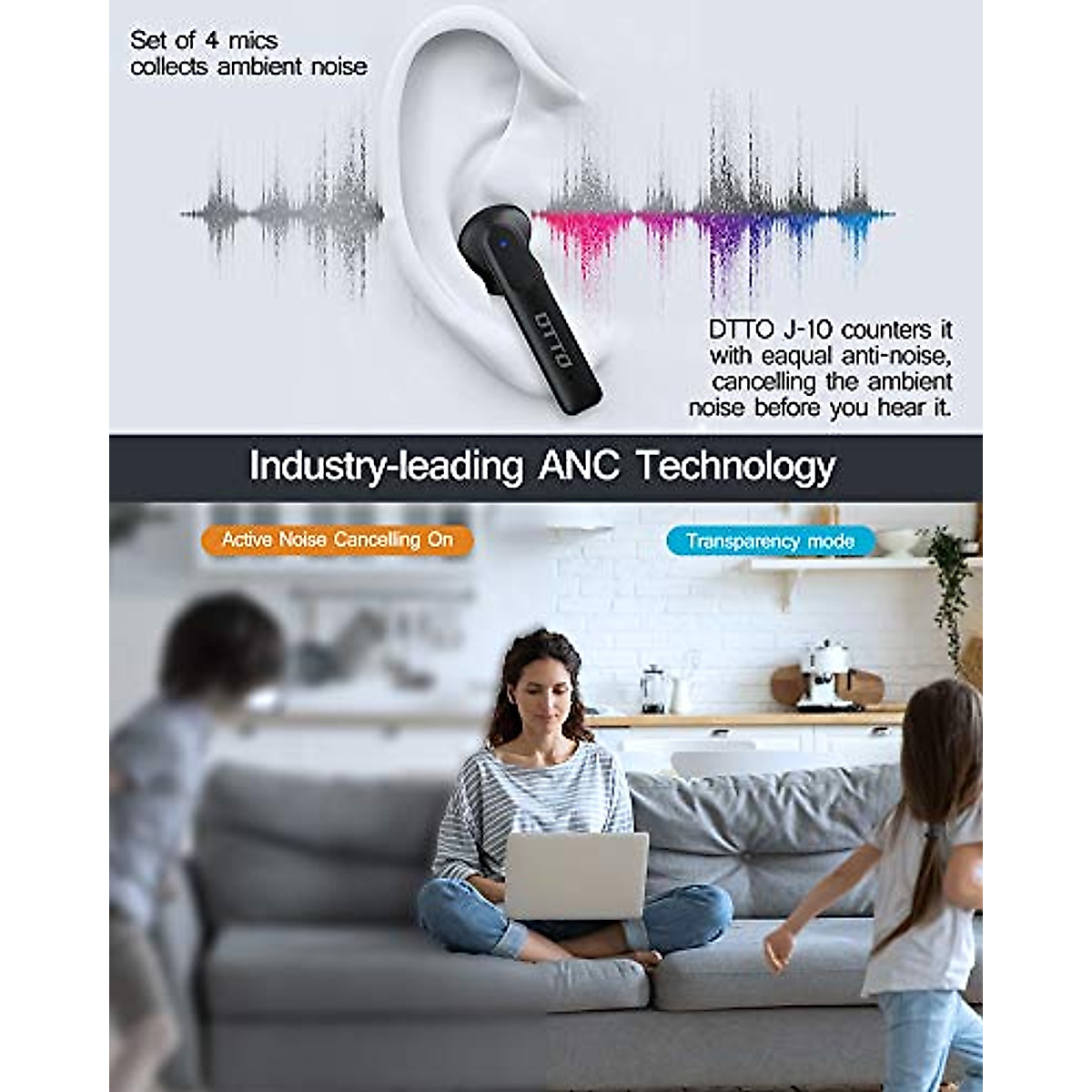 DTTO J-10 Active Noise Cancelling Earbuds with 60ms Low-Latency Game Mode, Wireless Charging Case Bluetooth 5.2 Auto-Pairing Touch-Enabled Voice-Assistant, Immersive Sound Deep Bass IPX8 Sweatproof