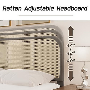 Lifezone Queen Bed Frame with Adjustable Rattan Headboard, Queen Size Bed Frame with Wood Slats Support, Safe Rounded Corner Design, Linen Fabric, High Feet, No Box Spring Needed, Light Grey