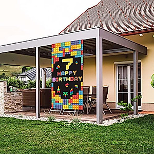 Colorful Building Blocks Happy 7th Birthday Banner Backdrop Background Construction Toys Bricks Blocks Theme Decor for Boy 7th Birthday Party Favors Supplies Decorations
