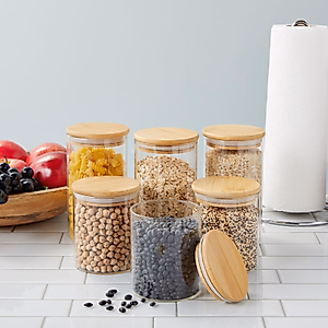 Juvale 6 Piece Set of Bamboo Storage Containers with Lids for Pasta, Cookies, Nuts, 15 oz and 24 oz Glass Jars for Kitchen Pantry (2 Sizes)