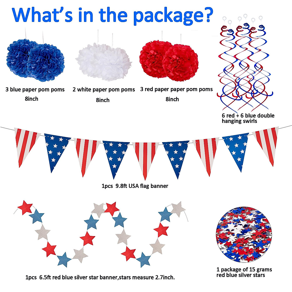 29PCS 4th/Fourth of July Patriotic Decorations Set - Red White Blue Paper Fans,USA Flag Pennant,Star Streamer,Pom Poms,Hanging Swirls Party Decor Supplies