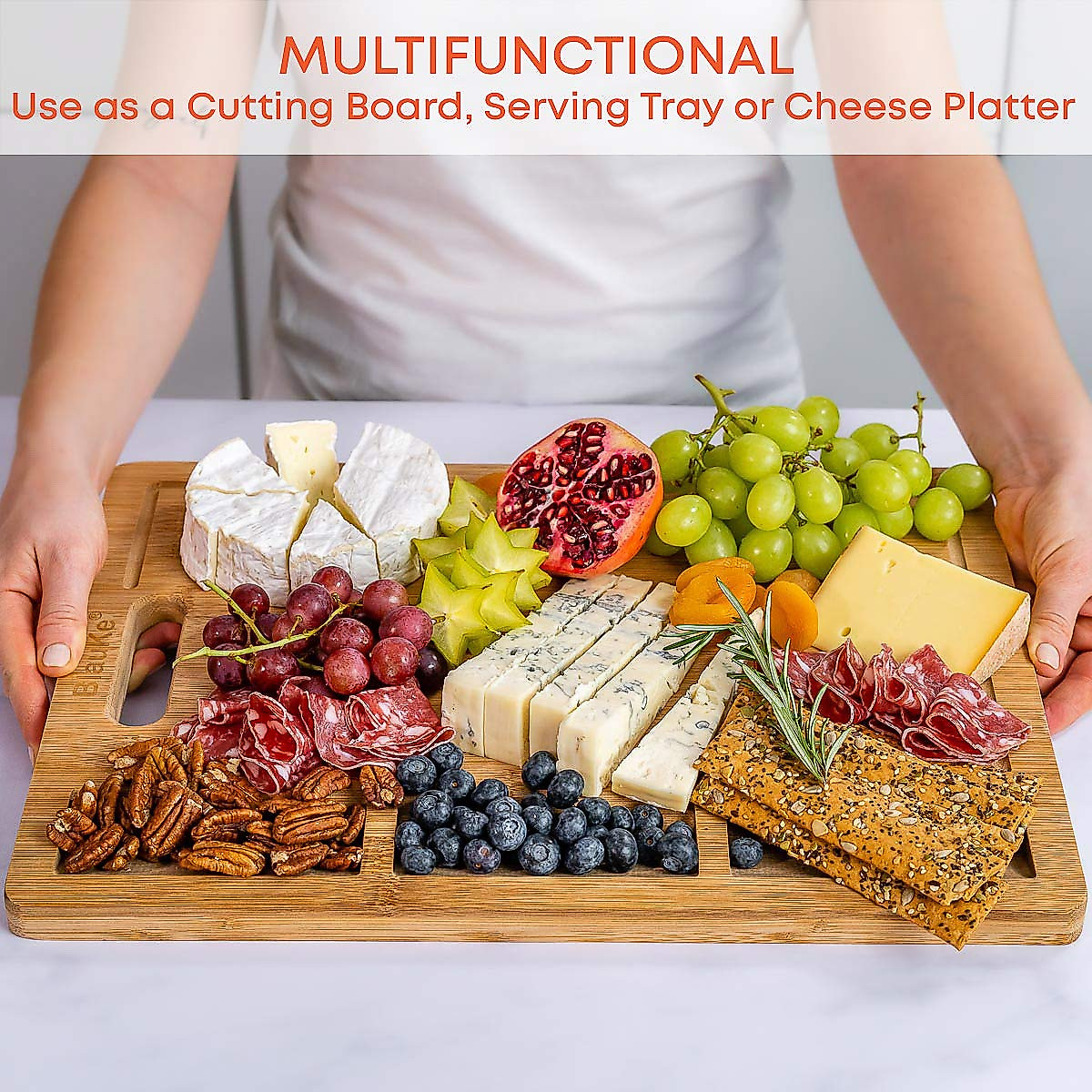 Wood Cutting Board for Kitchen 17x12" – Extra Large Bamboo Cutting Board with Juice Groove, Butcher Block, Wooden Chopping Board, Serving Tray – BlauKe®