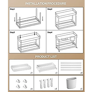 MERRYBOX 2 Pack Under Sink Organizers and Storage, Sliding Under Bathroom Cabinet Organizer, 2 Tier Kitchen Under Sink Organizer Pull Out Drawer with 8 Hooks, 2 Hanging Cups, 8 Non-Slip Feet, White