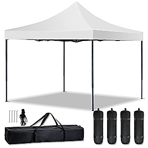 Canopy Tent 10 x 10 Pop Up Canopy Ez Up Sun Shade Canopy with Backpack Bag, 4 Sand Weights Bags, Steel Stakes Gazebos Tent for Outdoor, Wedding,Party, Camping, Picnics (White)