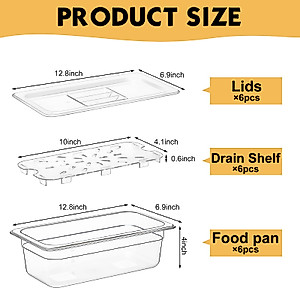 Sunnyray 6 Set 1/3 Size Polycarbonate Food Pans with Lids and Drain Shelf Clear Square Food Storage Containers for Kitchen Restaurant Fruit Vegetable Food Container and Storage (4 Inch Deep)