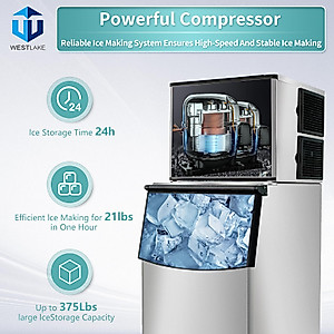 Westlake Commercial Ice Maker Machine Stainless Steel Full Cube NSF Certificated 500 lbs/24H Ice with 375lbs Storage Ice Maker Machine Capacity-Ideal for Coffee Shops, Hotels, Bars, Restaurants