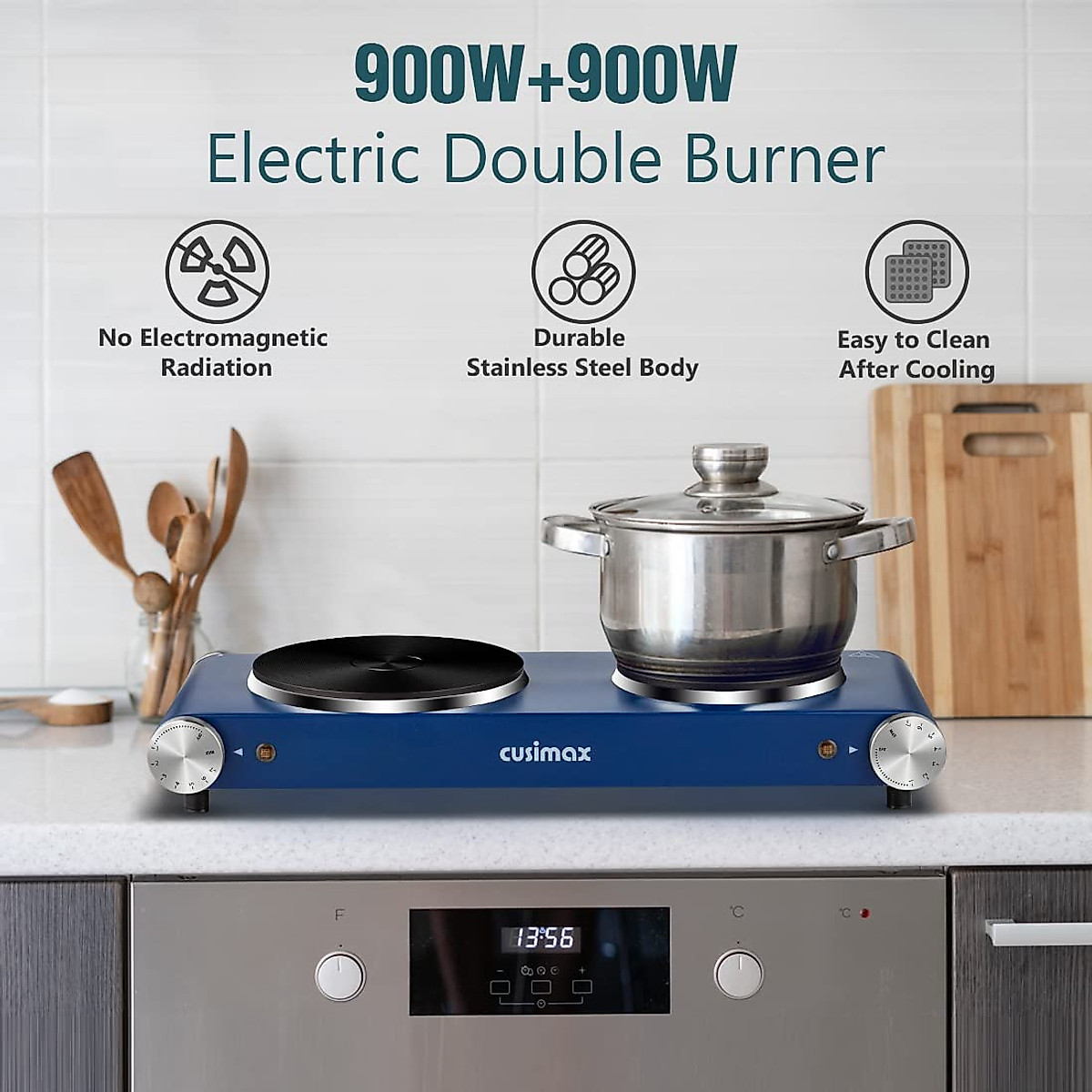 Hot Plate, CUSIMAX Double Burner, 1800W Electric Cooktop, Cast Iron Hot Plate for Cooking, Portable Electric Stove, Stainless Steel Countertop Burner, Easy to Clean, Blue