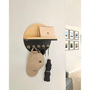 Gurfuy Key Holder for Wall with Shelf - Wood Mail Organizer and Rack with Shelf Hooks Wall Mounted for Entryway Decor Magazines Letter Storage Farmhouse Living Room Bedroom Doorway Black