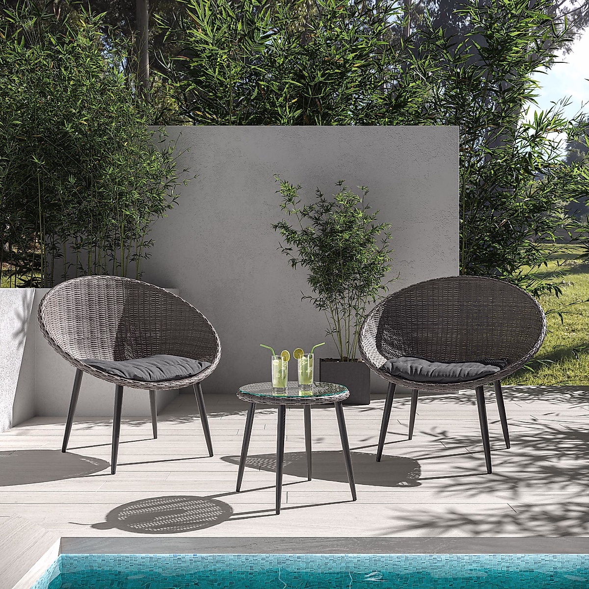 BELLEZE 3 Piece Modern Rattan Patio Bistro Set with Round Chairs and Glass Top Accent Table, Wicker Outdoor Conversation Set for Backyard or Porch - Hitia (Grey)