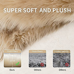 Faux Fur Rug for Bedroom, Fluffy Runner Rugs Soft Sheepskin Rug Sofa Couch Seat Cushion, 2x6ft Beige Plush Area Rug Shag Rugs Floor Carpets for Nursery Bedside, Cute Shaggy Fuzzy Home Decor