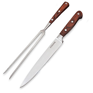 FOXDISK 2 Piece Carving Knife and Fork Set, Carving Set for Barbecue, Cutting Meat and Turkey, Stainless Steel Camping Cooking BBQ Cutter Carving Fork with Gift Box - Wooden Handle