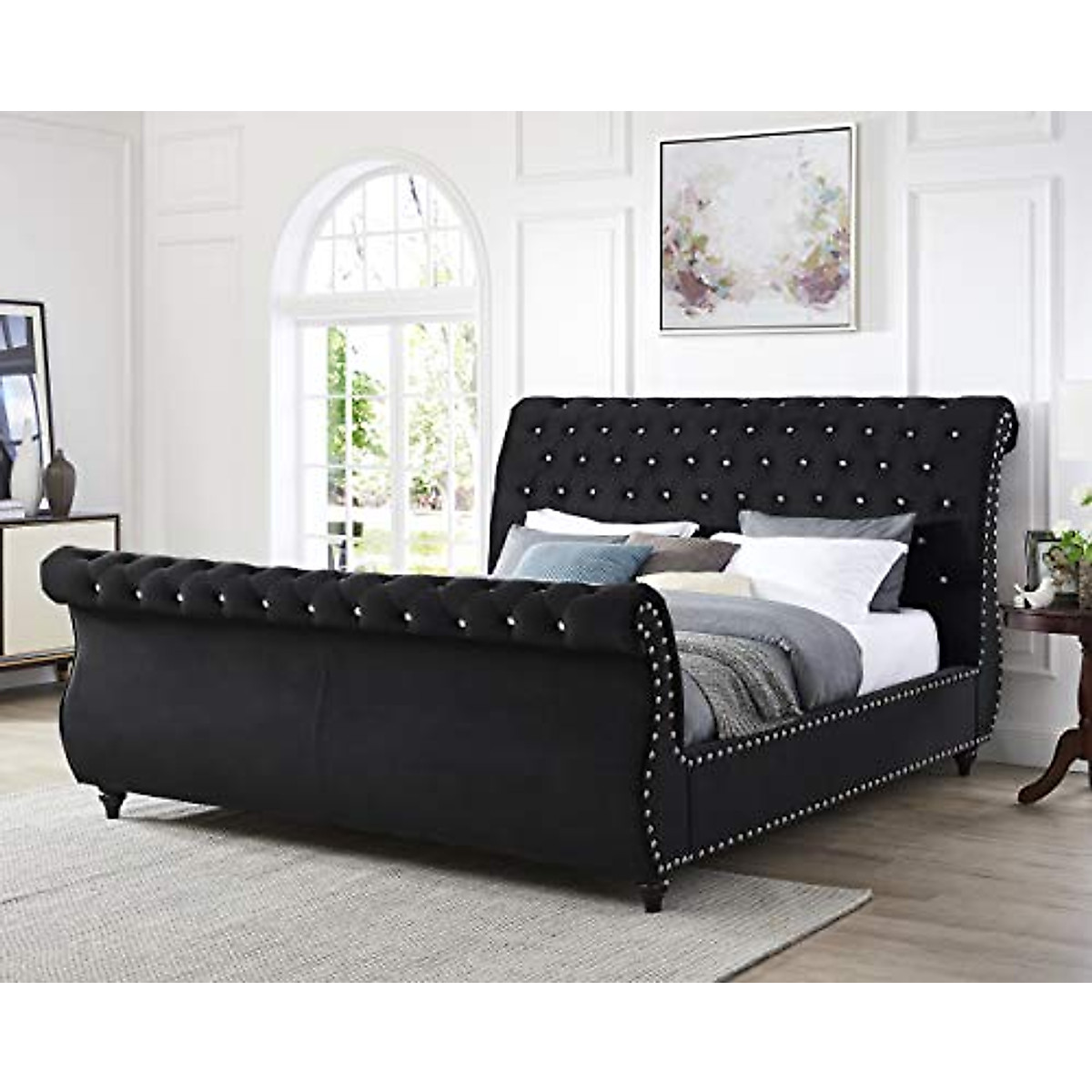 Roundhill Furniture Evora Velvet Upholstered Button Tufted, King, Black