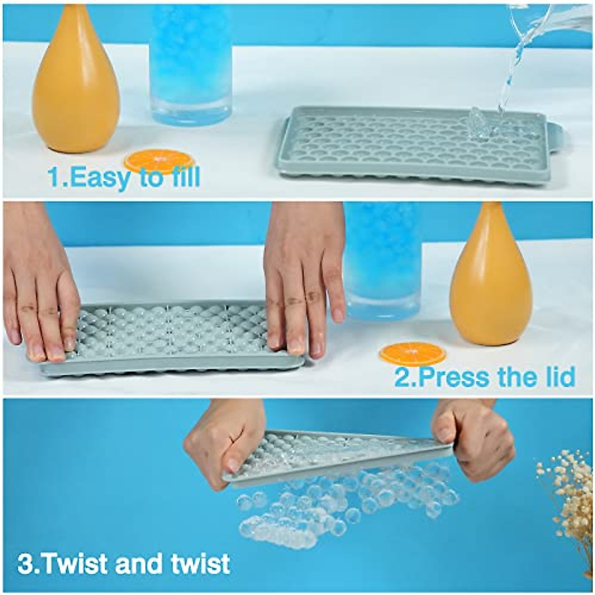 Toobimen Mini Ice Cube Trays, 4 Pack Small Ice Cube Tray with Lid and Bin, 104x4 PCS Ice Ball Maker Mold, Crushed Ice Trays Easy Release for Chilling Drinks, Coffee, Cocktail, Juice (Blue)