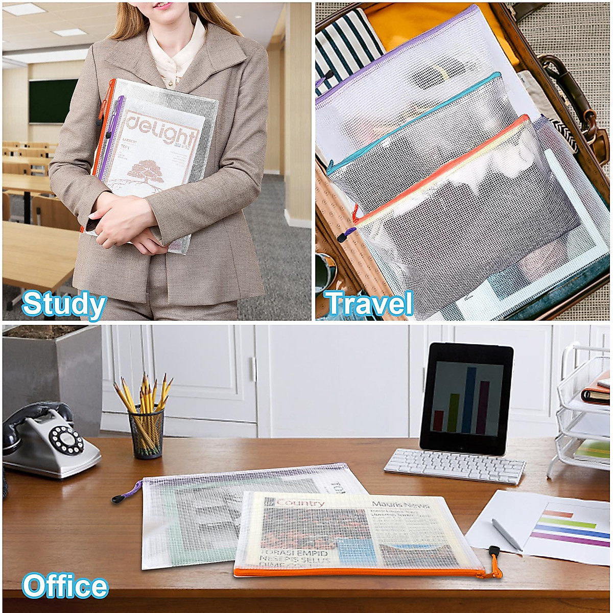 Mesh Zipper Pouch,Waterproof Zipper Bags,18pcs Document Folders,for Puzzle Board Game Storage,for School Office Supplies.