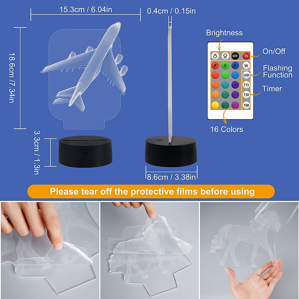 FULLOSUN Aircraft Airplane 3D Night Light Kids Bedside Lamp 16 Colors Changing with Remote Control Xmas Halloween Birthday Gift for Child Baby Boy