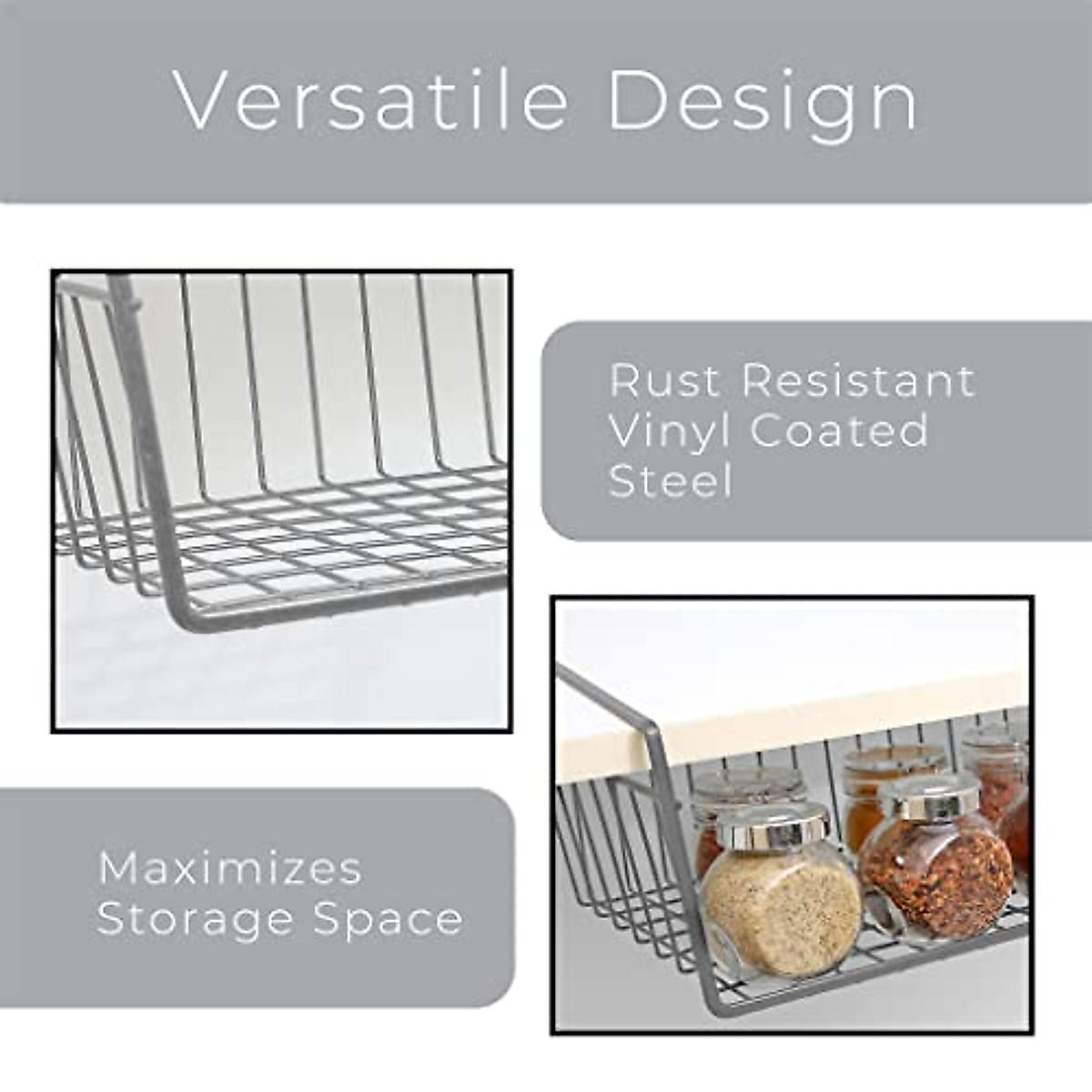 Smart Design Undershelf Storage Basket - Small - Snug Fit Arms - Steel Metal Wire - Rust Resistant - Under Shelves, Cabinet, Pantry, and Shelf Organization - 12 x 5.5 Inch - Charcoal Gray