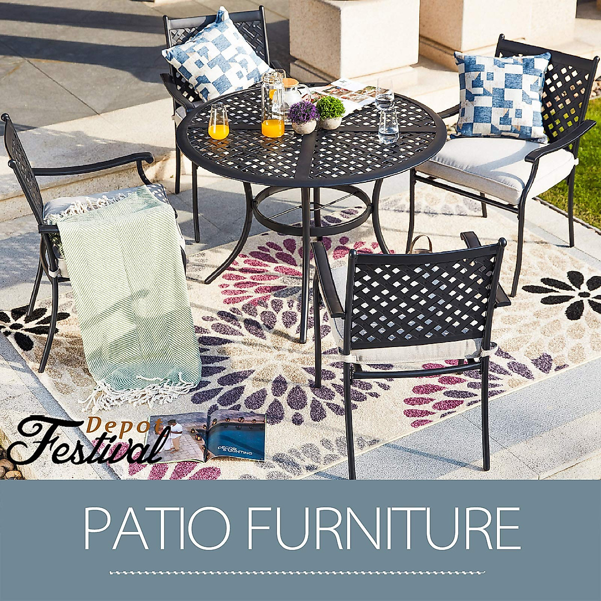 Festival Depot 5 Piece Patio Dining Set of 4 Armchairs with Cushions and Round Black Table with 2.04" Umbrella Hole Wrought Iron Outdoor Furniture for Deck Lawn Poolside (Beige)