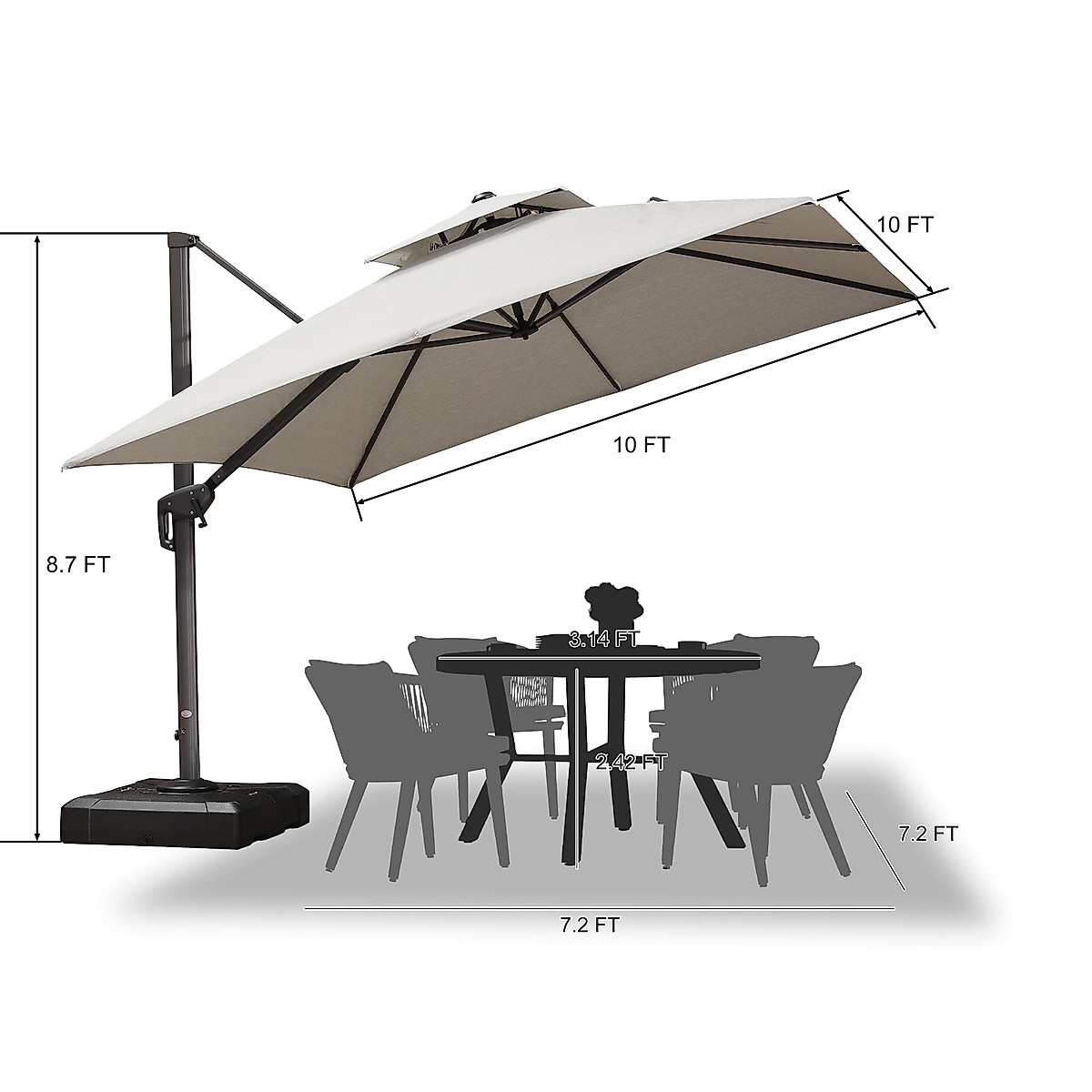 PURPLE LEAF 10 FT Cantilever Umbrella Outdoor Patio Eco-Friendly Olefin Umbrella, Large Offset Square Umbrella, Windproof Heavy Duty Hanging Outside Umbrella for Patio, Light Grey