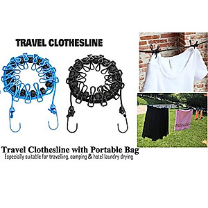 Newraturner 2 Pack Portable Clothesline with 12 Clothespins, Windproof Travel Clothesline Stretchy Retractable Elastic Laundry Clothes Line for Backyard, Vacation Hotel, Balcony Clothes Drying Line