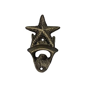Hampton Nautical Rustic Gold Cast Iron Wall Mounted Starfish Bottle Opener 6" - Starfish Decoration - Starfish Wall Decor