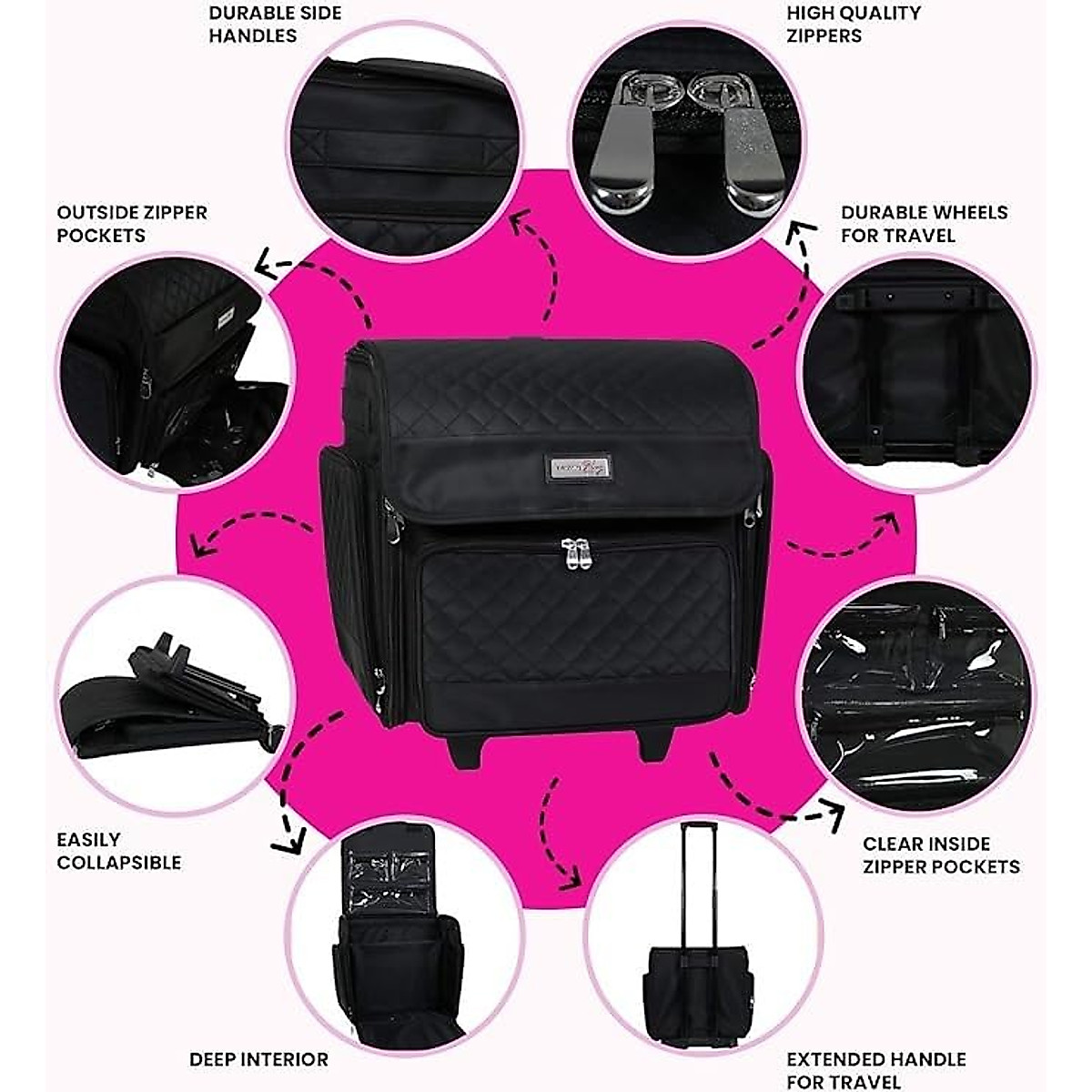 Everything Mary Deluxe Rolling Papercraft Craft Case, Black Quilted - Scrapbook Tote Bag w/Wheels for Scrapbooking & Art - Travel Organizer Storage for IRIS Boxes - for Teachers & Medical