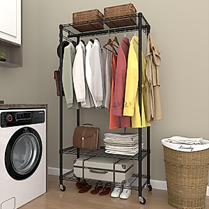 Serxis Rolling Portable Garment Rack,Freestanding Clothes Racks, Portable Closet Wardrobe with 3 Adjustable Wire shelves,2 Side Hooks, Black