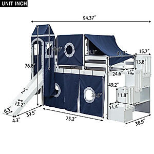 Harper & Bright Designs House Loft Bed with Slide and Storage Stairs, Wood Kids Loft Bed with Tent and Tower, Playhouse Loft Bed Frame for Kids, Teens (Twin Size, Blue)