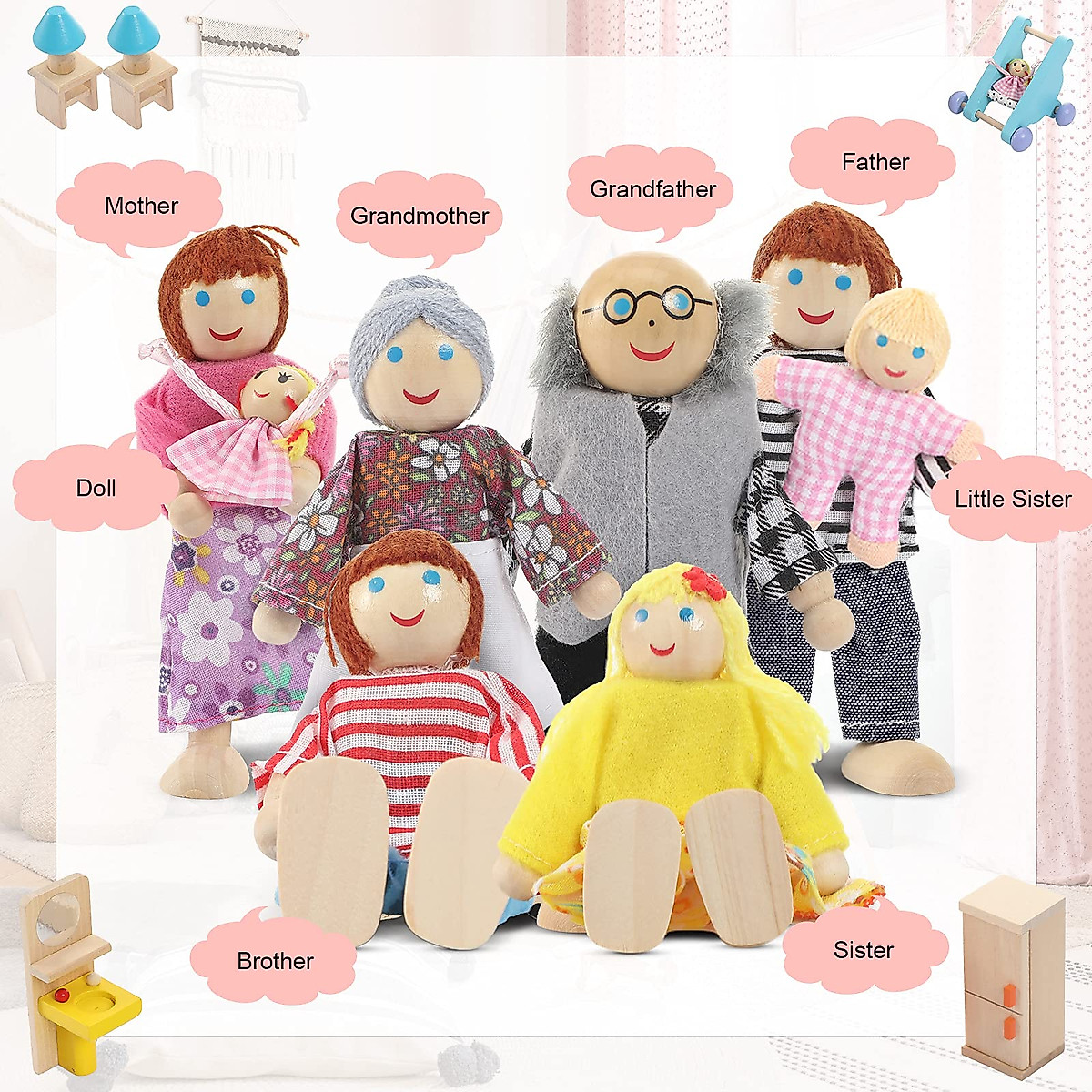 Wooden Dollhouse Furniture Doll House Furnishings with 8 Pieces Winning Doll Family Set, Dollhouse Accessories for Miniature Dollhouse, Family Figures Imaginative Play Toy (Cute Style)