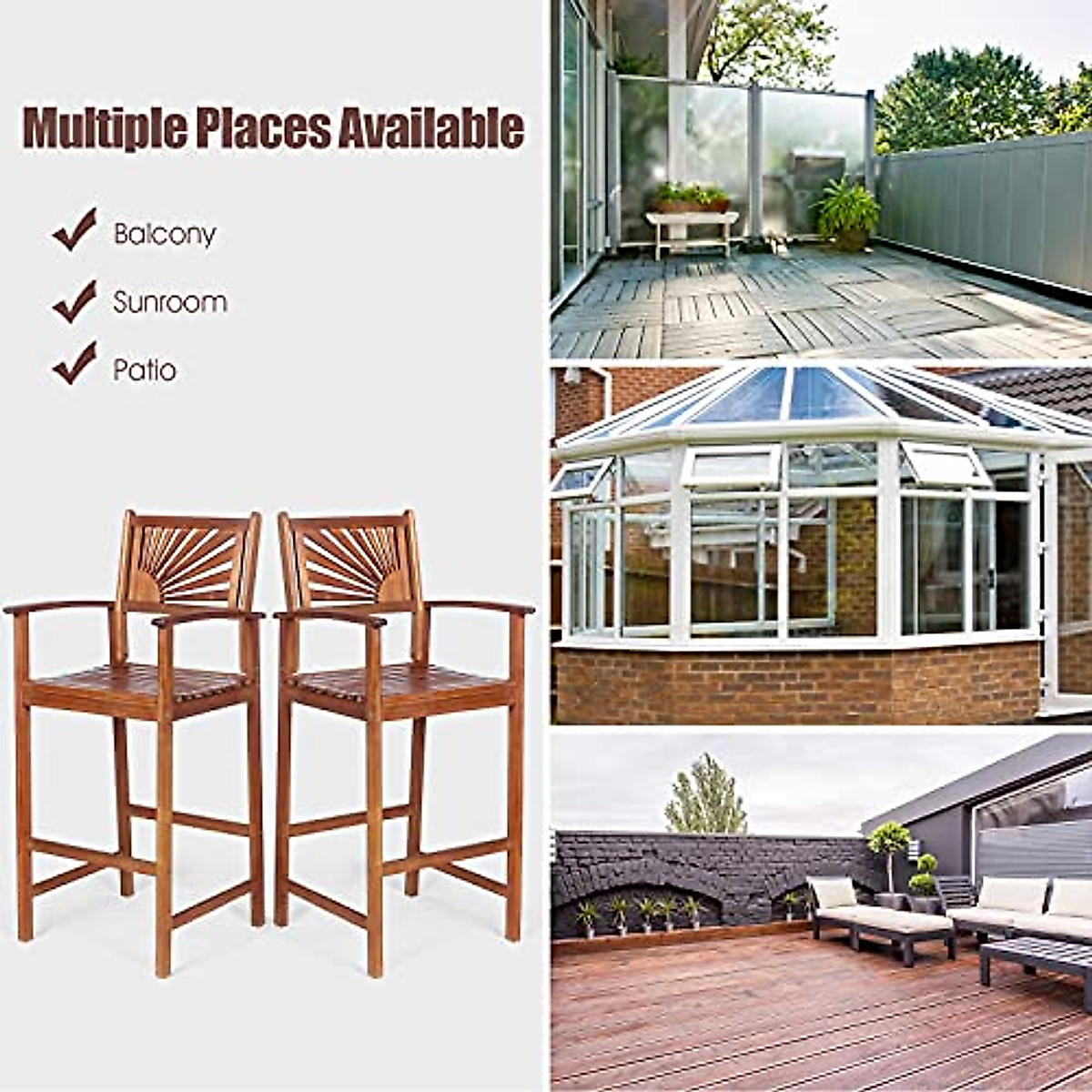 COSTWAY Bar Stools Set of 2, Outdoor Acacia Wood Bar Chairs with Sunflower Backrest, Curved Armrests & Breathable Seat, Ideal for Balcony, Sunroom, Patio, Easy Assembly (1)