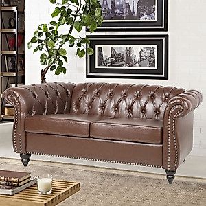 FOKWE Chesterfield Loveseat Leather, Modern Upholstered Tufted Couch 2 Seater with Rolled Arms and Nailhead for Living Room, Bedroom (Dark Brown)