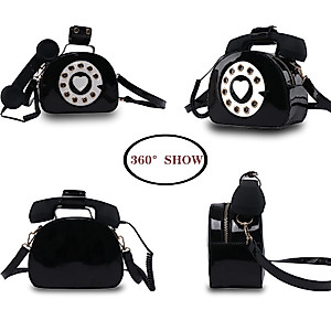 Fozehlad Novelty Telephone Shaped Shoulder Bag Funny Retro Phone Crossbody Bag Totes Chain Purse(Patent Leather,Black)