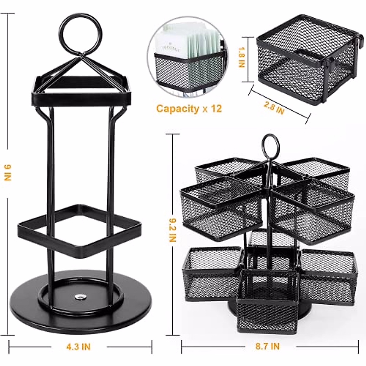 Tea Bag Storage and Organizer, 360° Rotatable 8 Compartments Tea Bag Storage Holder, 96 Teabags Container Stainless Steel Tea Bag Organizer Rack for Kitchen Counter Cabinet Tea and Coffee Box