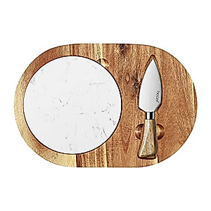hecef Oval Wooden Cheese Board Set, Acacia Wood Cheese Serving Board with White Marble, Cheese Knife Charcuterie Platter Cheese Serving Tray for Cheese Cake Appetizers, Housewarming Gift, Mothers Day