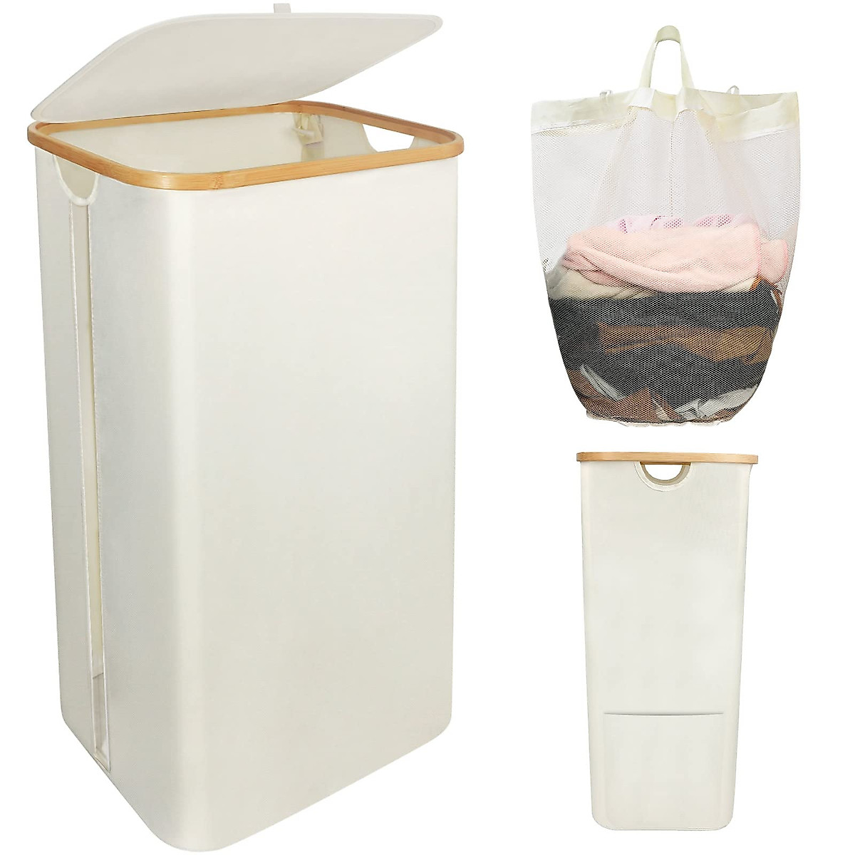 Ranslen Laundry Basket with Lid, 110L XXL Laundry Hamper Collapsible Dirty Clothes Hamper with Bamboo Handles Removable Bag Tall Waterproof Laundry Hampers for Laundry Room Bedroom Beige