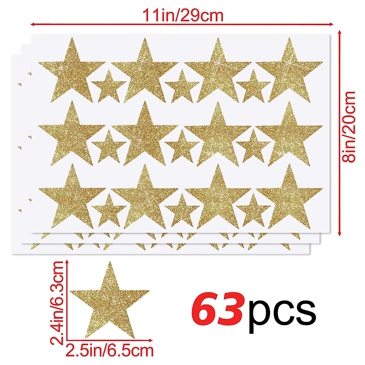 Buiory 63 PCS Removable DIY Gold Glitter Stars Wall Decals Vinyl Sparkle Star Wall Sticker Peel and Stick Art Decor Murals for Children Baby Room Girls Bedroom Nursery Weeding Teens Playroom Door