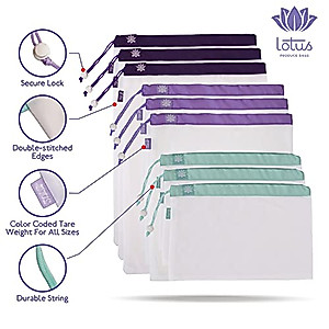 Lotus Produce Bags | 9 Count | 3 Sizes & 3 Colors | Machine Washable, Reusable, Multipurpose, Lightweight Mesh Grocery Bags | Fruits, Vegetables, Nuts, Grains | Eco-friendly Netted Reusable Mesh Bag