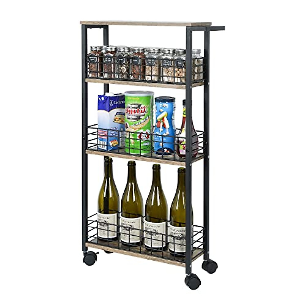 LUMAMU Slim Storage Cart for Small Spaces, 4 Tier Mobile Rolling Cart with Wheels Slide Out Storage Utility Shelves Cart with Wooden for Kitchen Narrow Spaces