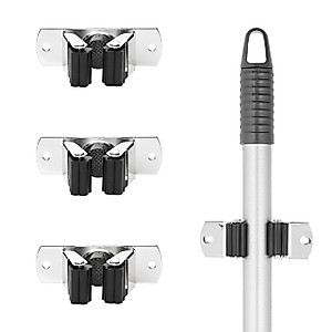 Superio Mop and Broom Holder, Set of 4 Single Piece Hooks, Stainless Steel Wall Mount Cleaning Storage Tool Organizer, Heavy-Duty Hook for Kitchen, Closet Garage, and Office